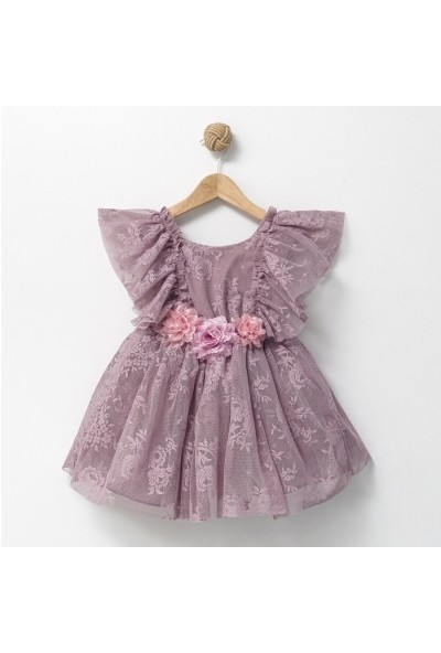 Retro Kız Çocuk Lila Güpür Elbise