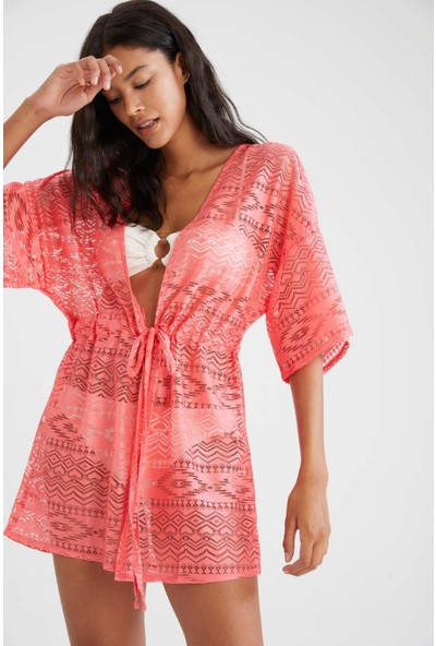 Defacto Etnik Desenli Bağcıklı Dantel Yazlık Kimono W0500AZ21HS