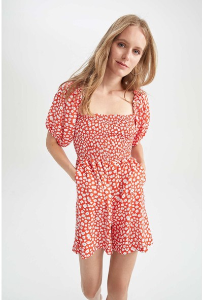 DeFacto Kare Yaka Çiçekli Kısa Kollu Tulum Y8404AZ22HS