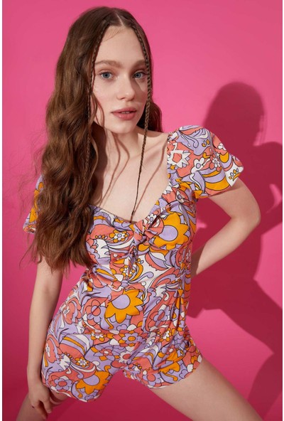 DeFacto Coool Kalp Yaka Floral Kısa Kollu Keten Kısa Tulum Y0968AZ22SM