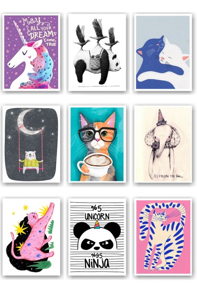 Mia Pera 9'lu Kartpostal Seti Kedi Flamingo Panda Unicorn Fil Illüstrasyonları 11 x 15 cm Mia Pera 9'lu Kartpostal Seti Kedi Flamingo Panda Unicorn Fil Illüstrasyonları 11 x 15 cm