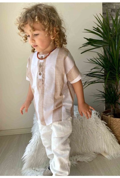 Geniş Çizgili Gömlekli Pantolon Takım 2-8 Yaş Bej