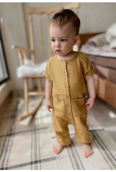Cigit Büyük Cepli Boydan Patlı Muslin Tulum 0-3 Yaş Hardal Sarı