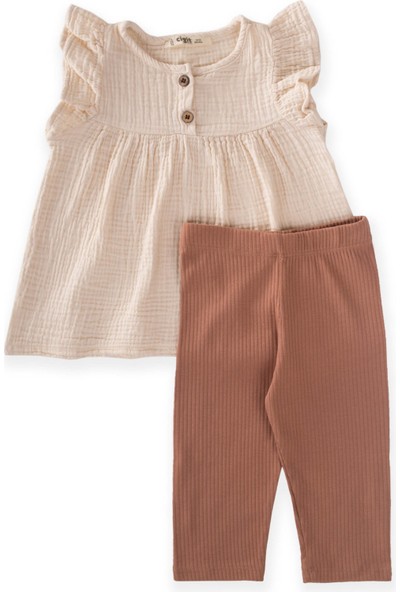 Oversize Müslin Tunik Taytlı Takım 1-7 Yaş Krem