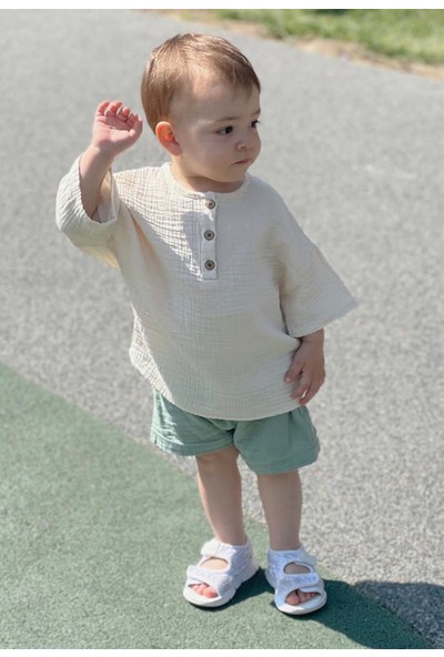 Oversize Müslin Gömlekli Şort Takım 0-4 Yaş Krem/çağla Yeşil