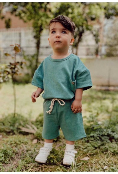 Waffle Dokulu Geniş Kesim Takım 1-5 Yaş Yeşil