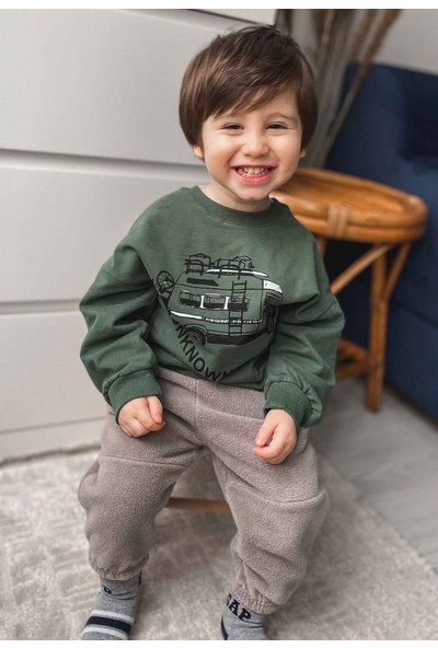 Karavan Baskılı Sweatshirt 2-8 Yaş Haki Yeşil
