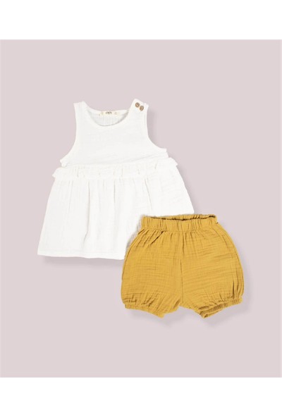 Sıfır Kol Robası Fırfırlı Şortlu Müslin Takım 1-5 Yaş Ekru
