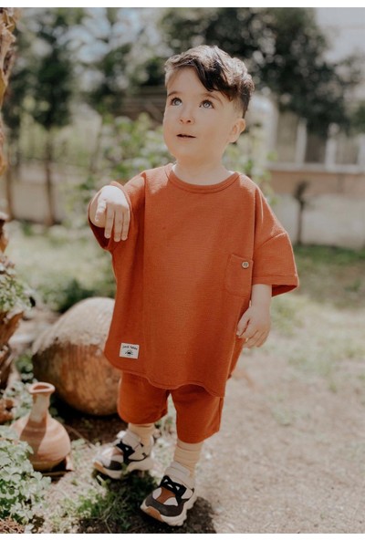 Waffle Dokulu Geniş Kesim Takım 1-5 Yaş Kiremit