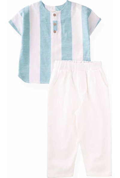 Geniş Çizgili Gömlekli Pantolon Takım 2-8 Yaş Aqua
