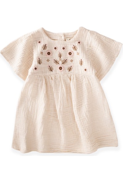 Cigit Çiçek Nakışlı Kelebek Kol Elbise 2-8 Yaş Krem