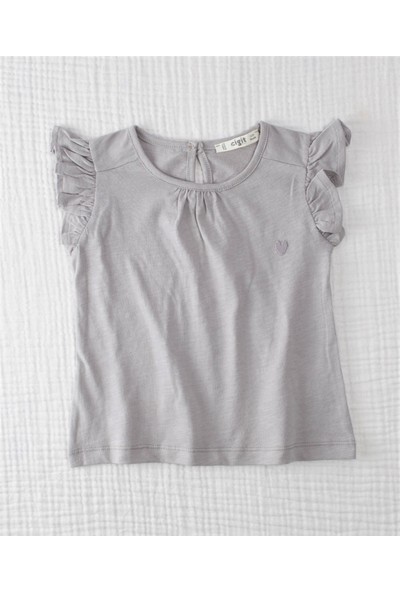 Cigit Kalp Nakişili Yakasi Büzgülü Fir.kollu Kiz T-Shirt 1-7 Yaş Gri