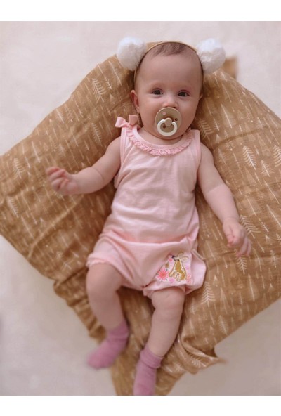 Cigit Yakası Dantelli Tavşan Nakışlı Tulum 0-3 Yaş Pudra