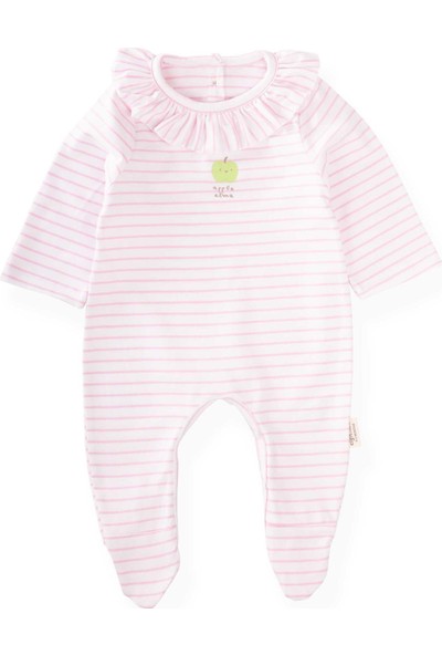 Cigit Yakası Fırfırlı Ayaklı Tulum 0-9 Ay Pembe Çizgili