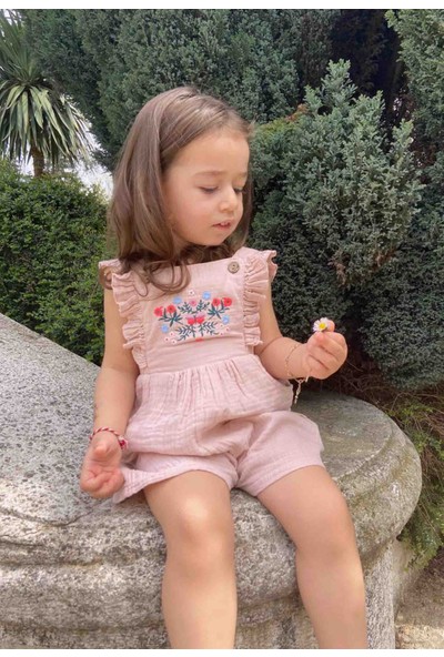 Cigit Nakışlı Askılı Şort Tulum 0-4 Yaş Pudra Pembe Cigit Nakışlı Askılı Şort Tulum 0-4 Yaş Pudra Pembe