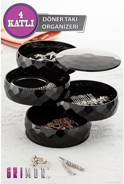 Grimor Life Elmas 4 Katlı Dönebilen Silindir Takı Organizeri Siyah