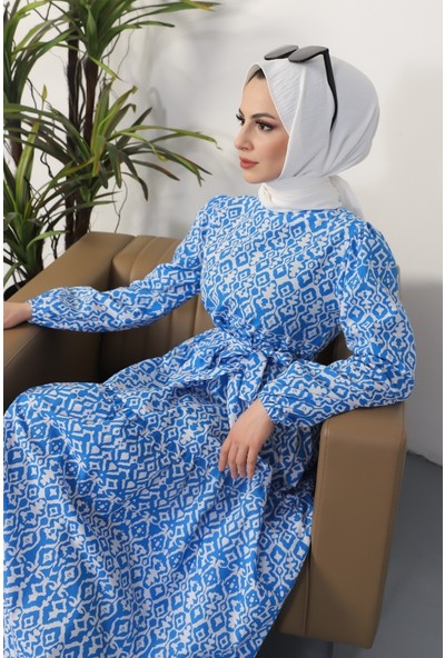 İlkimay Etnik Desen Terikoton Kuşaklı Tam Boy Tesettür Elbise 240 - Saks Mavi İlkimay Etnik Desen Terikoton Kuşaklı Tam Boy Tesettür Elbise 240 - Saks Mavi