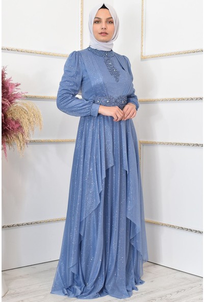 Tesettür Abiye Simli Mihrimah Abiye Indigo Tesettür Abiye Simli Mihrimah Abiye Indigo