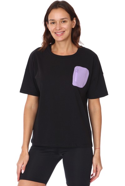 Kontrast Cepli Kadın Siyah Günlük Stil Tişört 22YKTL18D01-SYH