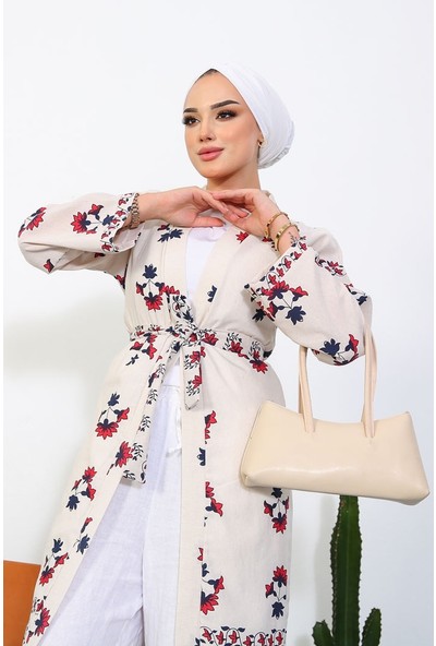İlkimay Hazel Çiçek Desen Kuşaklı Keten Kimono 284 - Bordo