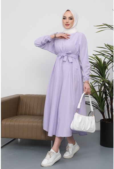 İlkimay Yarasa Kol Beli Lastikli Dorf Kuşaklı Tesettür Elbise 228 - Lila