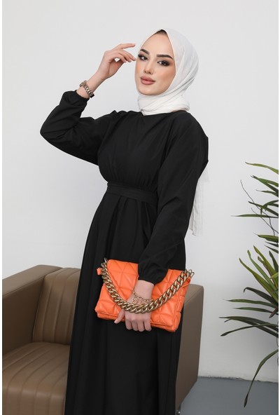 İlkimay Yarasa Kol Beli Lastikli Dorf Kuşaklı Tesettür Elbise 228 - Siyah