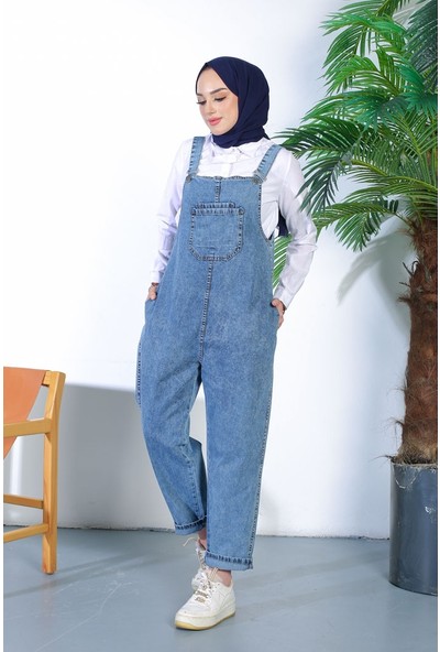 İlkimay Çift Cepli Ceysina Askılı Tesettür Kot Tulum 269 - Mavi İlkimay Çift Cepli Ceysina Askılı Tesettür Kot Tulum 269 - Mavi