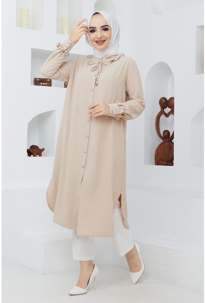 İmaj Butik Büyük Beden Yaka Fırfır Detaylı Ayrobin Tesettür Tunik/kemik