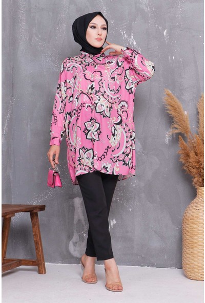 İmaj Butik Desenli Salaş Tesettür Gömlek/fuşya İmaj Butik Desenli Salaş Tesettür Gömlek/fuşya