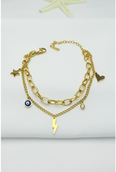 Caisya Butik Altın Kaplama Kararmaz Şans Bilekliği Çift Zincir Nazarlık Çelik Bileklik - 22 cm
