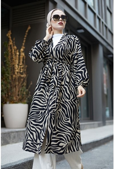 İlkimay Simla Zebra Desen Kuşaklı Salaş Kimono 265 - Vizon İlkimay Simla Zebra Desen Kuşaklı Salaş Kimono 265 - Vizon
