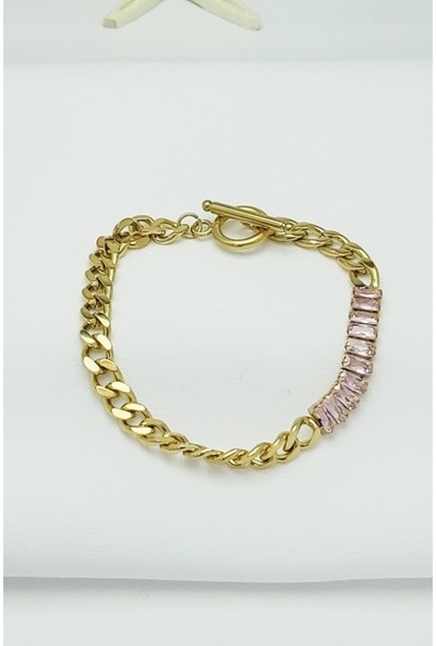 Caisya Butik Altın Kaplama Kararmaz Pembe Baget Taşlı Künye Zincir Çelik Bileklik - 18 cm