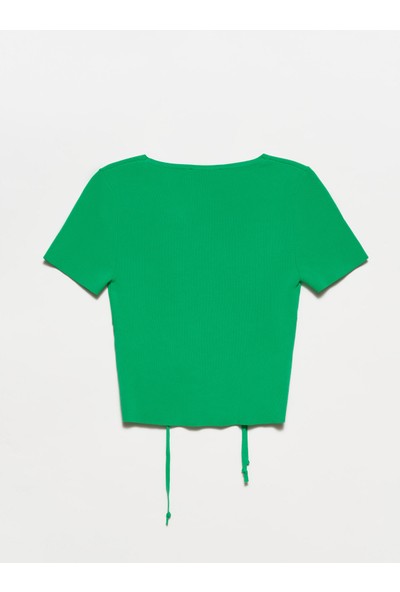 Dilvin 10194 Kruvaze Yaka Önü Büzgülü Triko Crop-Yeşil