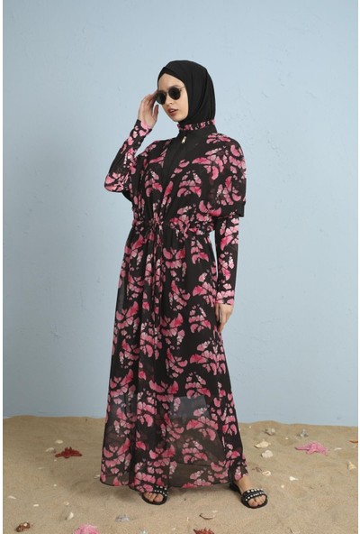 Çiçek Desenli Tesettür Mayo Yelek Siyah