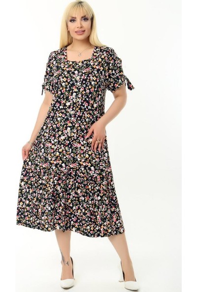 Kheos Kare Yaka Bağlamalı ve Yırtmaçlı Kısa Kol Çiçek Desenli Rahat ve Dökümlü Likralı Midi Boy Elbise