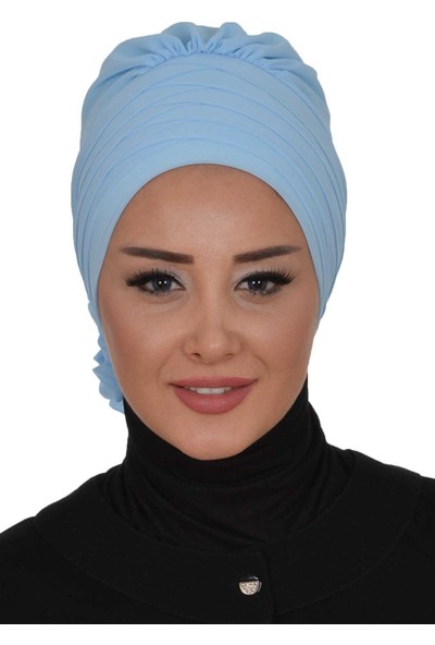Moda Çizgi Pileli Tasarım Şifon Hazır Türban Bebe Mavisi