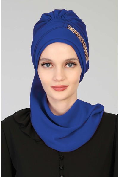 Moda Çizgi Gold Aksesuarlı Tasarım Şifon Hazır Türban Saks Moda Çizgi Gold Aksesuarlı Tasarım Şifon Hazır Türban Saks