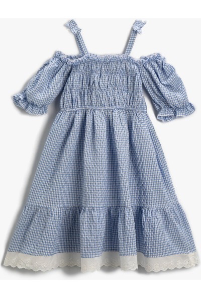 Koton Düşük Omuz Elbise Kareli Balon Kollu