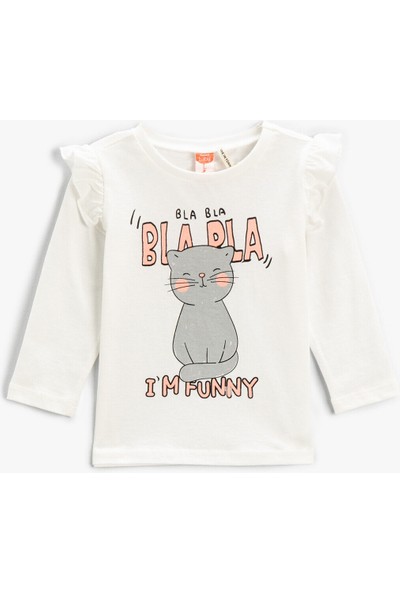 Koton Kedi Baskılı Uzun Kollu Tişört Fırfırlı Bisiklet Yaka