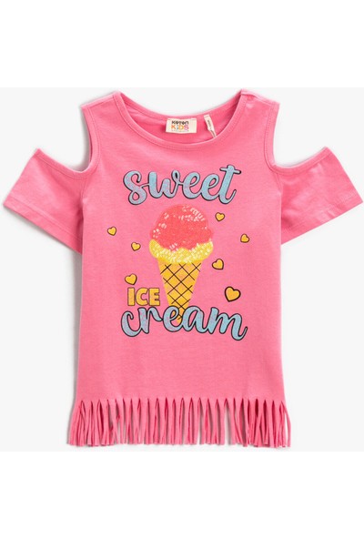 Koton Püsküllü Baskılı Tişört Pencere Detaylı Kısa Kollu Pamuklu