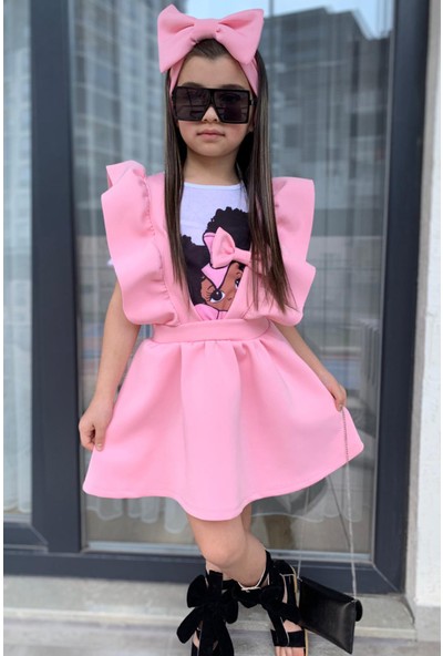 Riccotarz Kız Çocuk Askısı Fırfırlı ve Bluzu Şeker Kız Baskılı Pembeı Salopet Takım