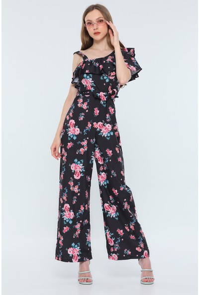 Siyah Kadın Tek Omuz Askılı Fırfır Detaylı Desenli Tulum P-039816