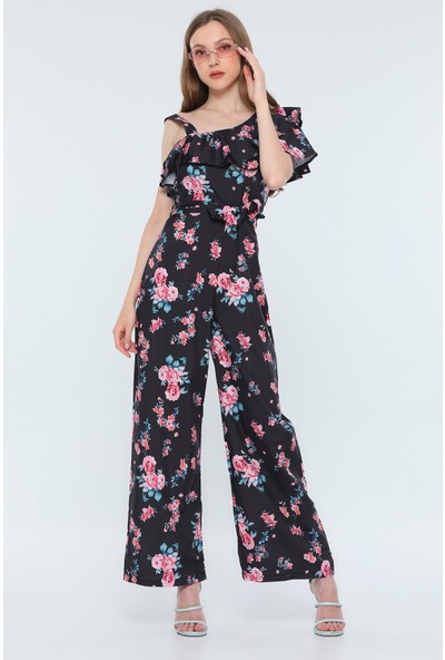 Siyah Kadın Tek Omuz Askılı Fırfır Detaylı Desenli Tulum P-039816