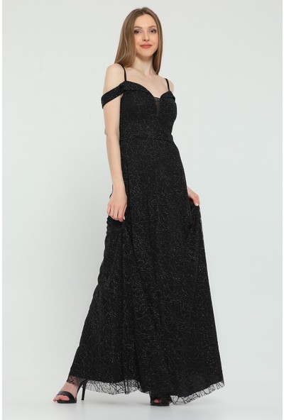 Siyah Kadın Yaka Tül Dekolteli Ip Askılı Astarlı Işıltılı Uzun Abiye Elbise P-039796