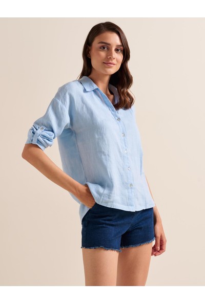 Kadın Mavi Düz Kesim Basic Keten Gömlek Kadın Mavi Düz Kesim Basic Keten Gömlek