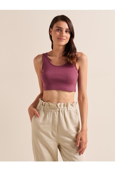 Kadın Pembe Dar Kesim U Yaka Kolsuz Örme Büstiyer