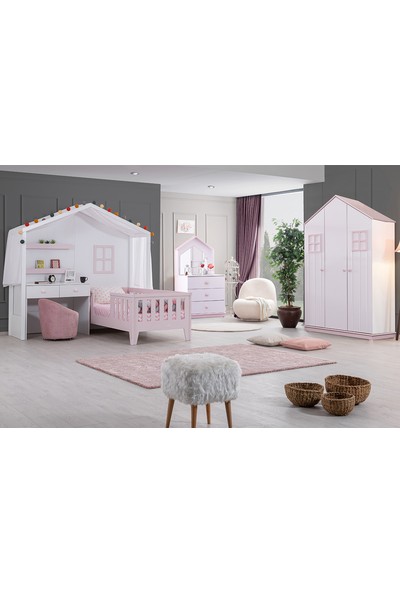 Setay Montessori, Çeşme Montessori Çocuk Odası Takımı, Dolap, Çalışma Masalı Karyola, Şifonyer- Pembe