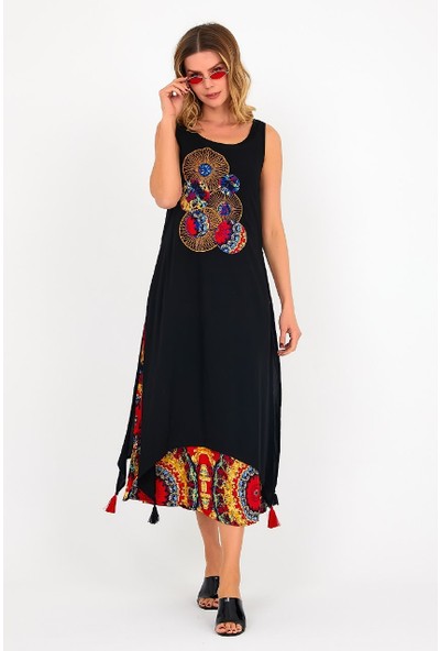 Elif Butik Kadın Siyah-Kirmizi Sıfır Yaka Kolsuz Iki Katli Mandala Nakışlı Desenli Uzun Elbise Elif Butik Kadın Siyah-Kirmizi Sıfır Yaka Kolsuz Iki Katli Mandala Nakışlı Desenli Uzun Elbise