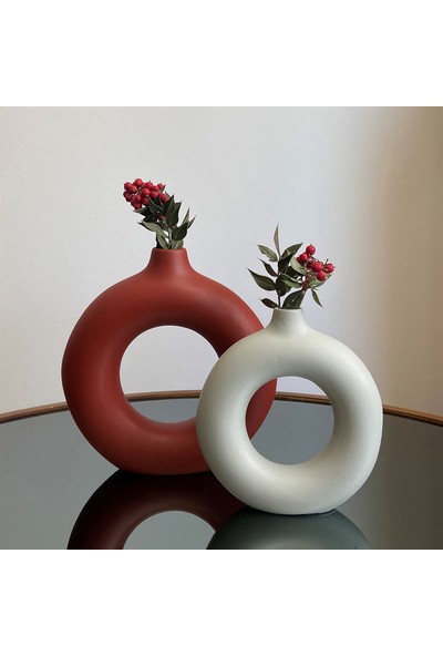 Yuvarlak Halka Vazo-Mumluk 2'li Set Kiremit-Gri Yuvarlak Halka Vazo-Mumluk 2'li Set Kiremit-Gri