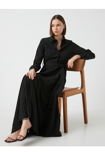 Koton Uzun Plili Elbise Gömlek Yaka Kuşaklı